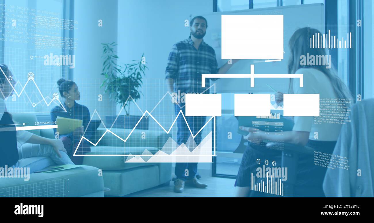 Image of multiple icons over diverse man explaining strategy to ...