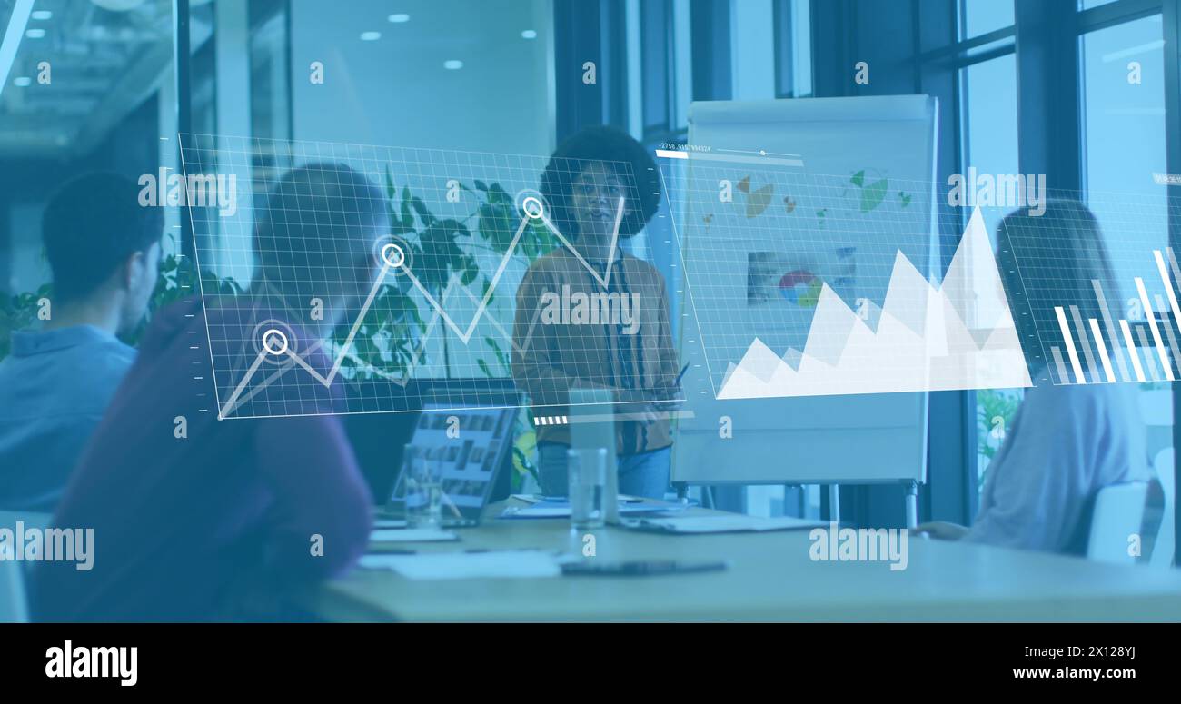 Image of graphs, loading bars, map, diverse woman explaining strategy ...