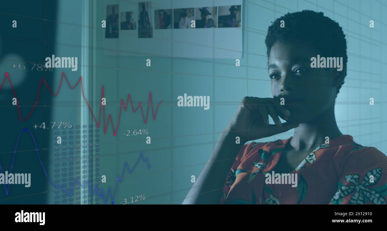 Image of financial data processing over african american businesswoman ...