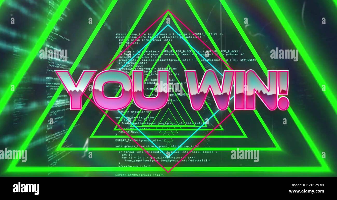 Image of you win text and shapes over data processing on black ...