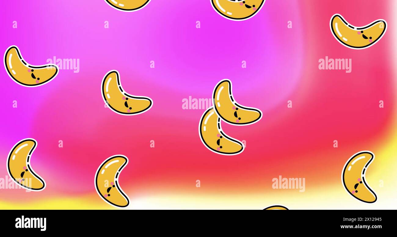 Image of bananas falling over colourful background Stock Photo - Alamy