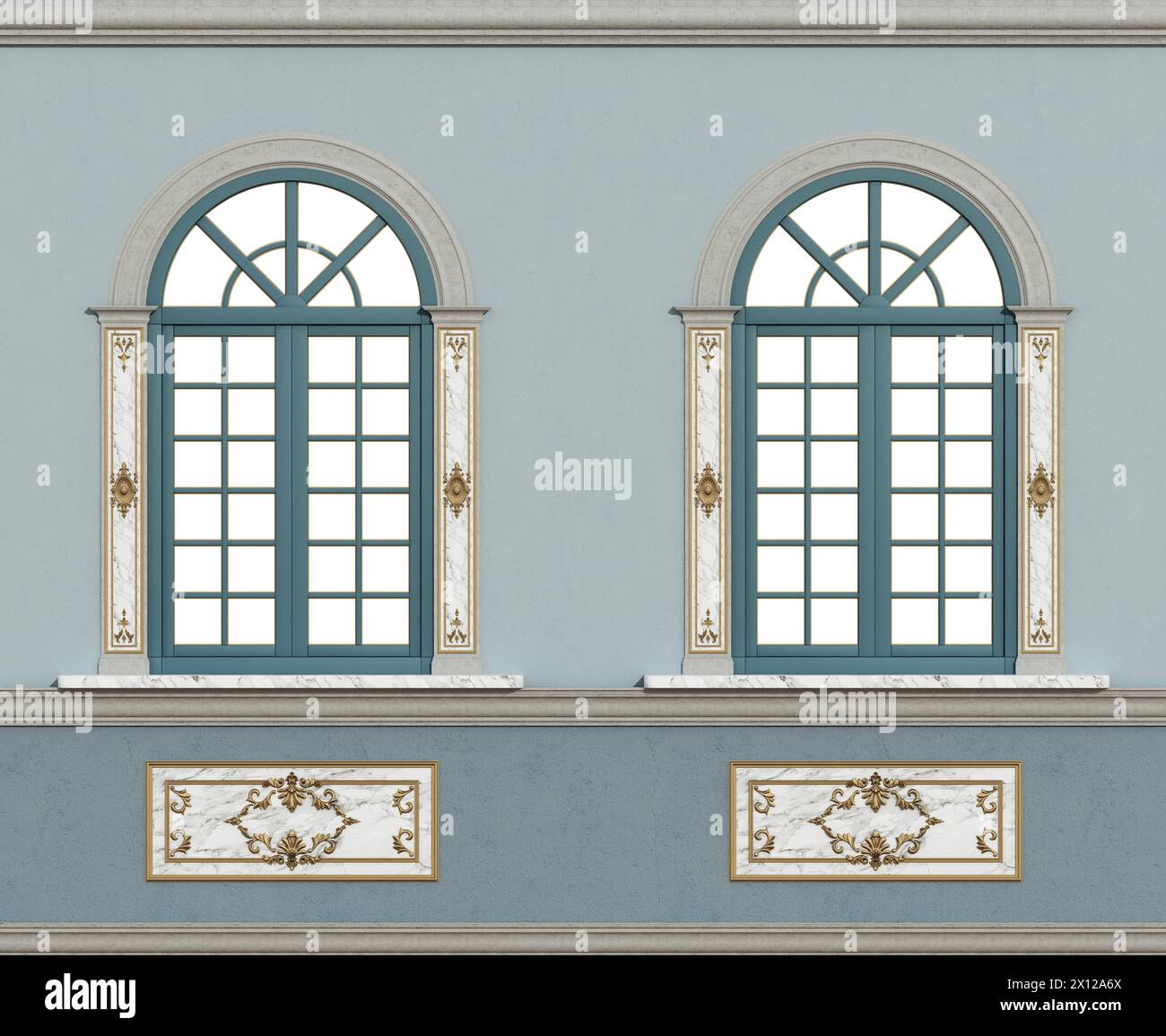 Two arched windows with ornate details on a pastel blue wall of an ...