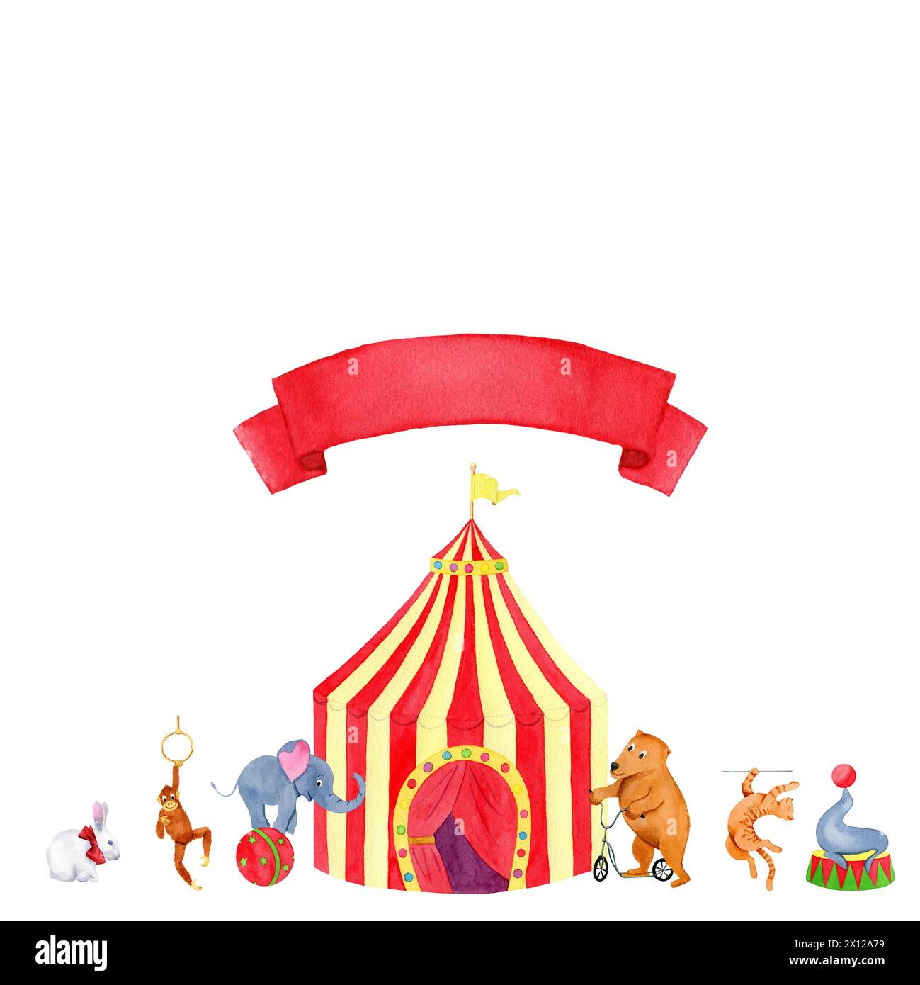 Horizontal composition watercolor circus tent and animals: elephant ...