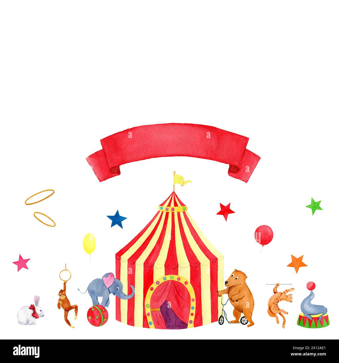 Horizontal composition watercolor circus tent and animals: elephant ...
