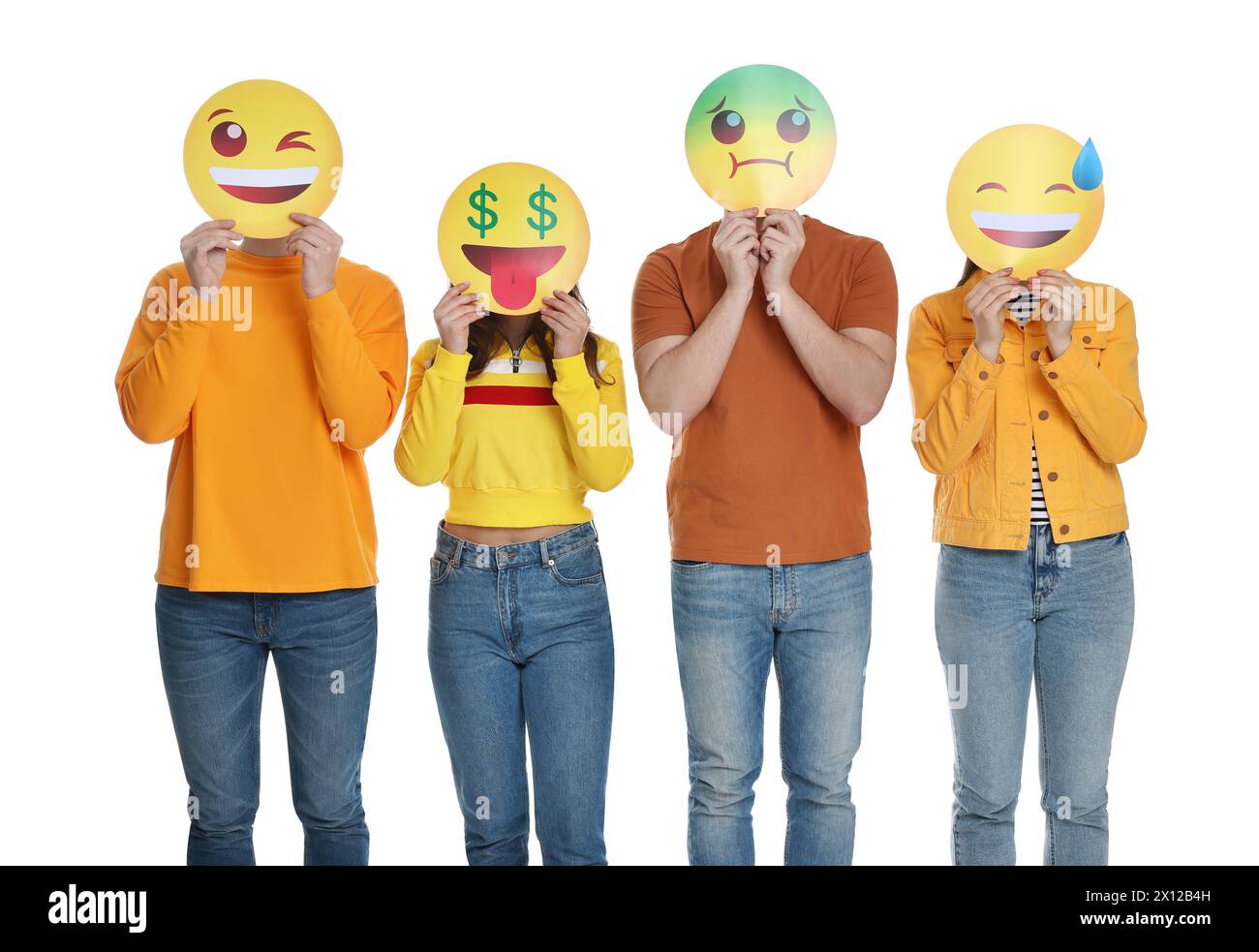 People covering faces with emoticons on white background Stock Photo ...