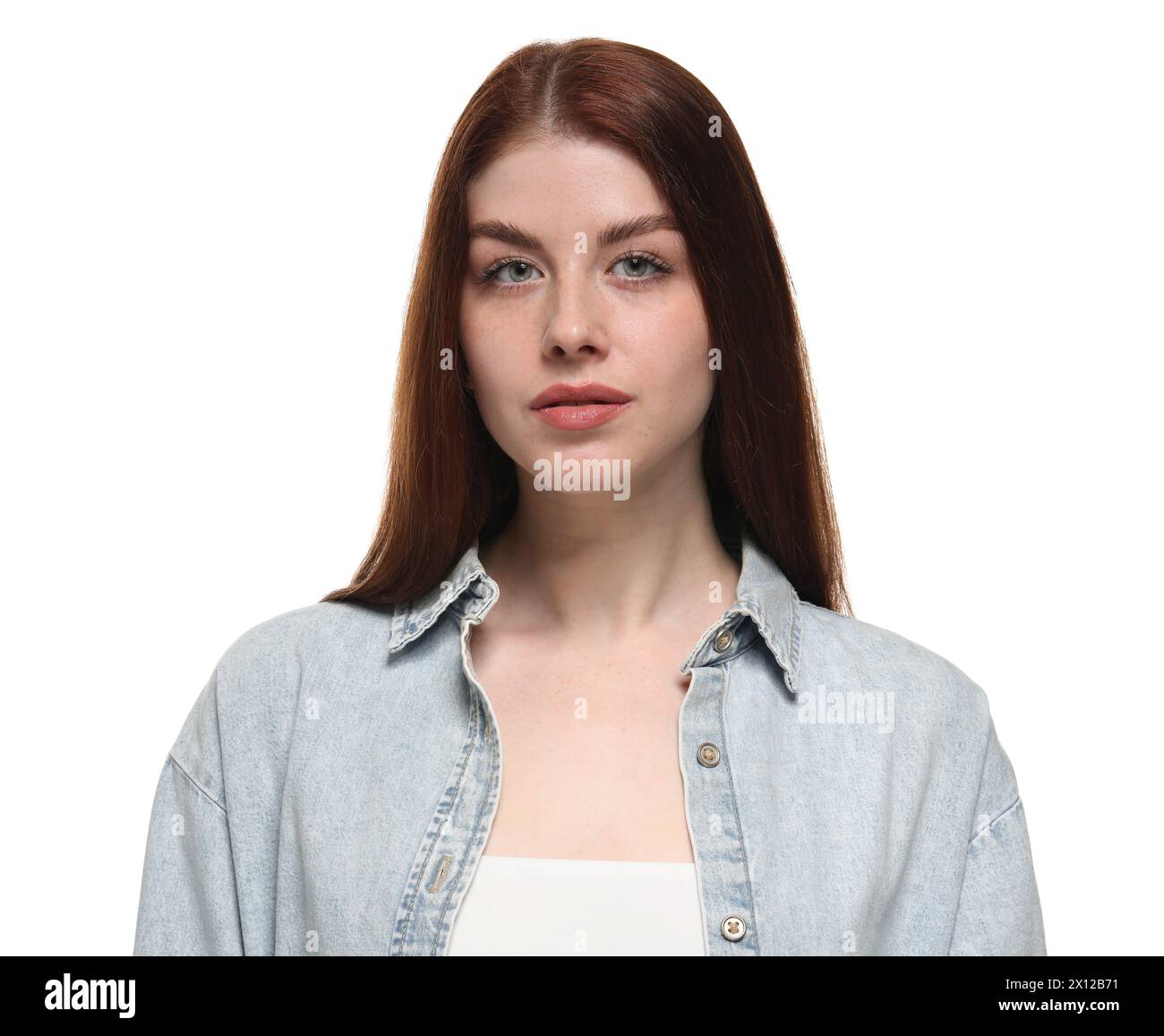 Portrait of beautiful woman with freckles on white background Stock ...