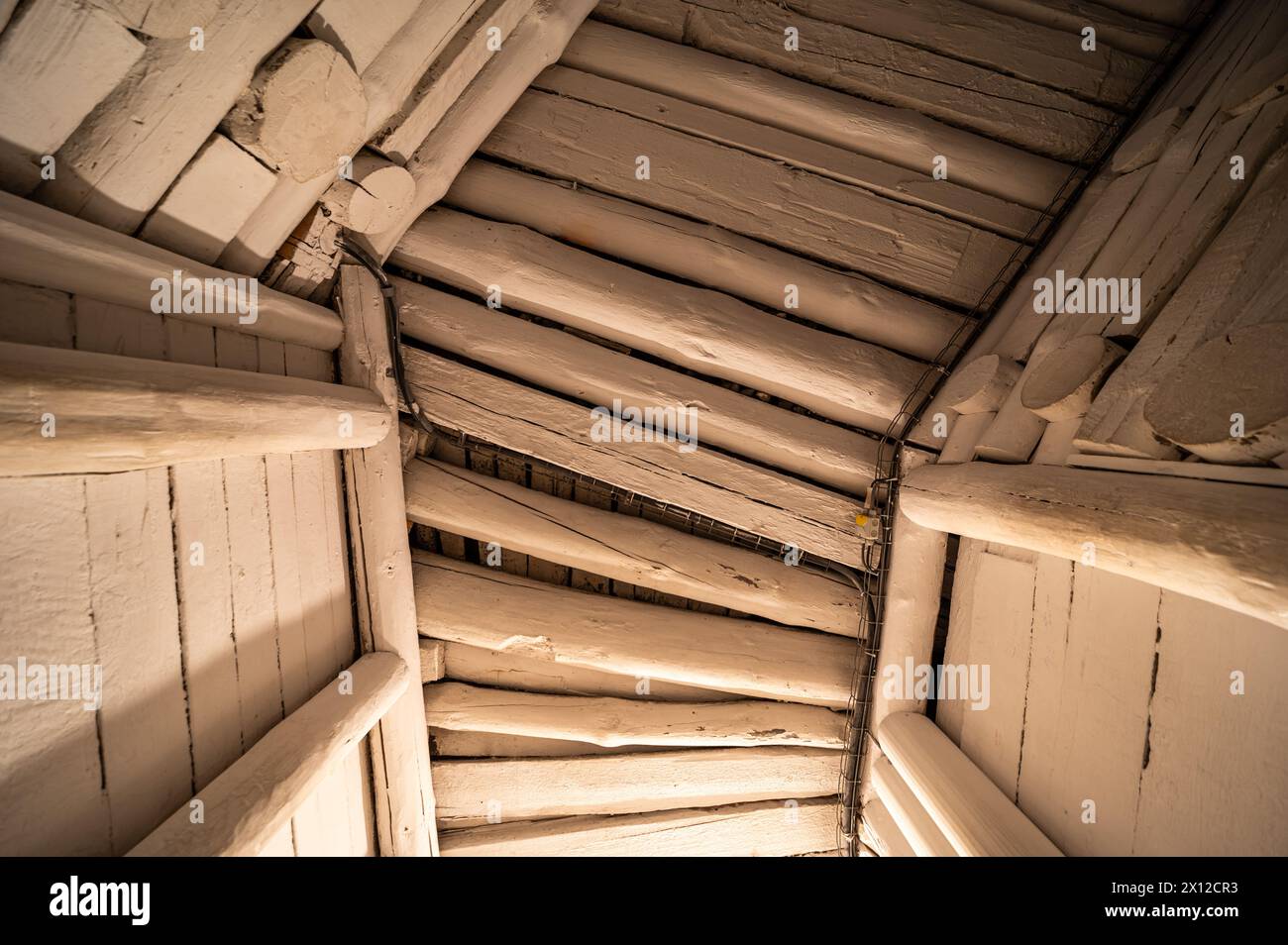 Wieliczka, Poland, March 23, 2024 - Wooden planks at the ceiling of the ...