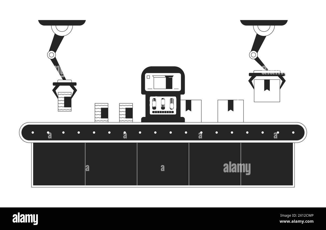 Factory Assembly Line Boxes Black And White 2d Line Cartoon Object