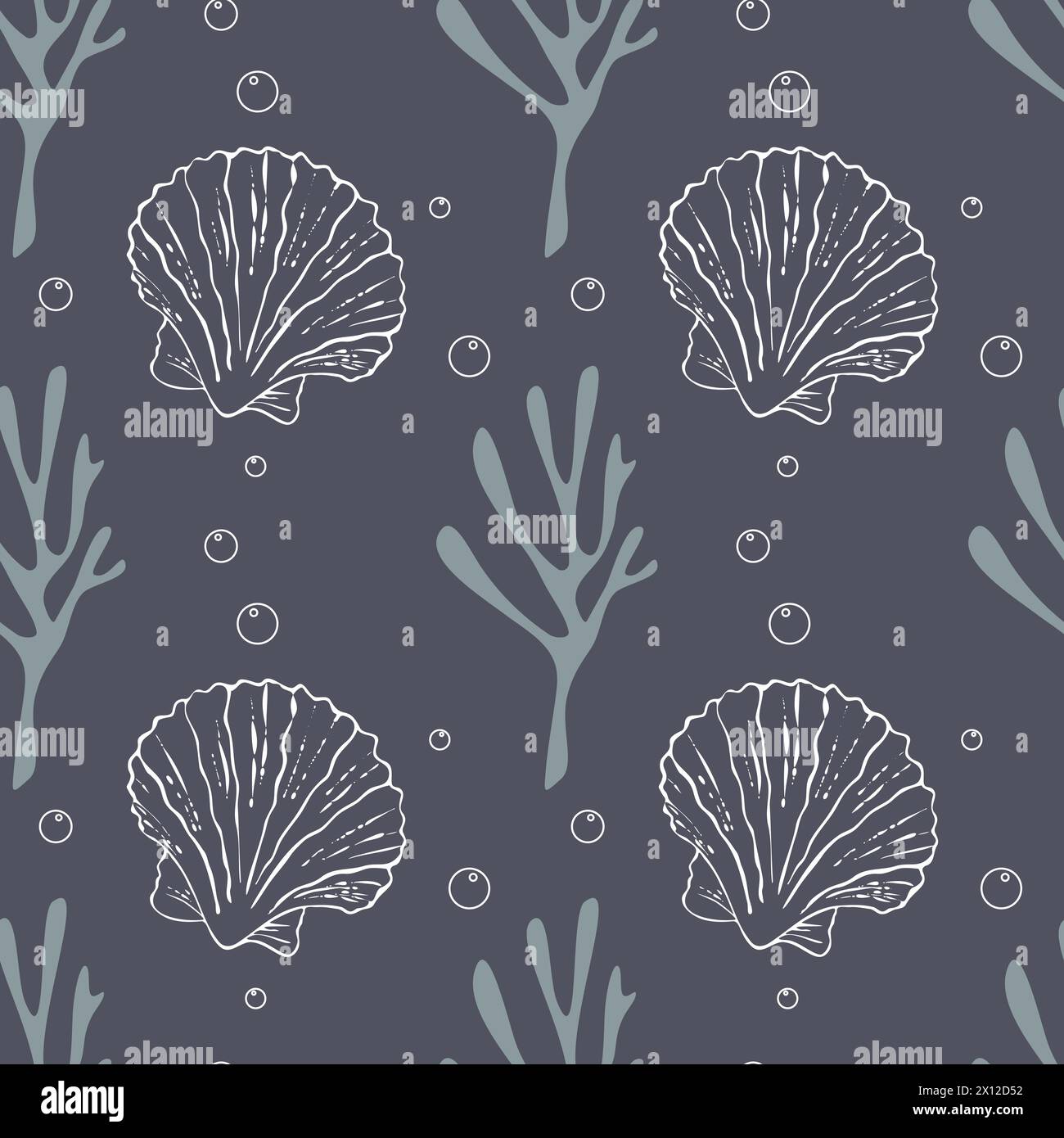 Marine ocean pattern with corals and seashells, air bubbles, sea ...