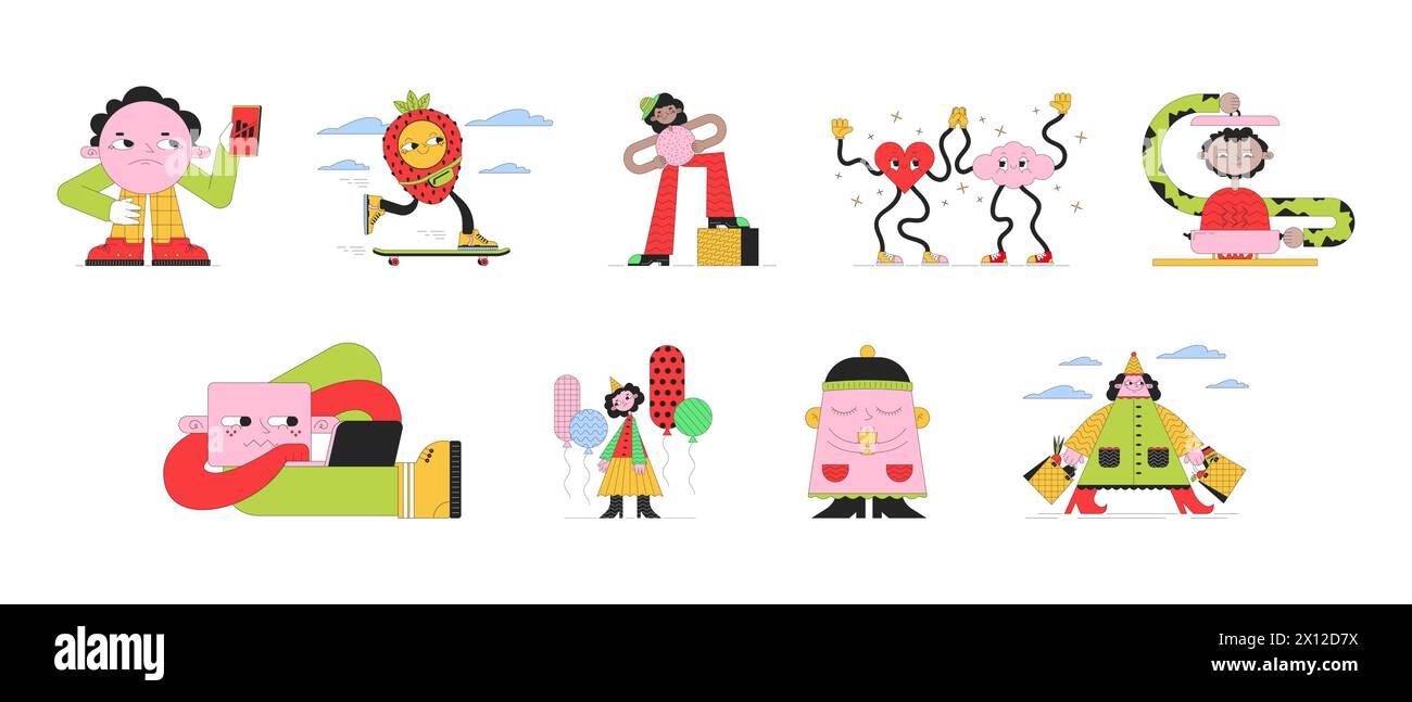 Funny geometric shape people 2D linear illustration concepts set Stock ...