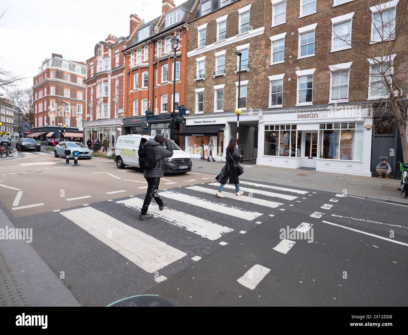 A wide-angle street scene of the affluent Marylebone High Street in ...