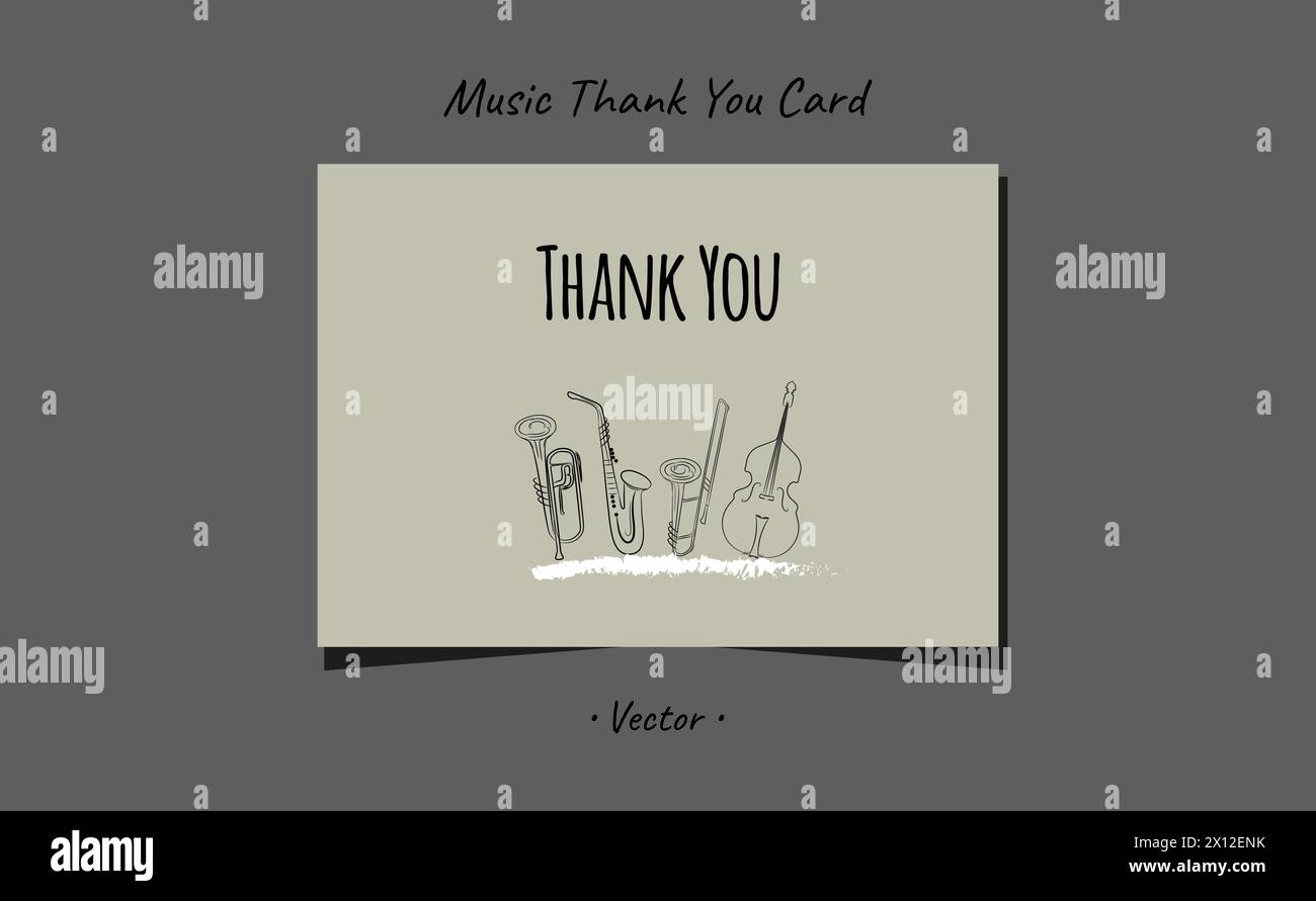 Card thank you musical instruments trumpet, saxophone, trombone, bass ...