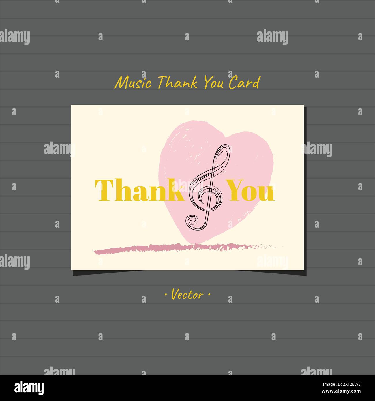 Hand drawn music thank you note card gift with love heart shape and ...