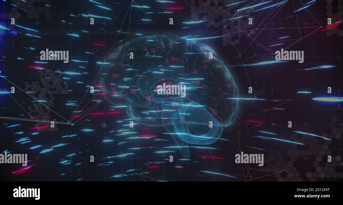 Human brain and blue light trails spinning over network of connections ...