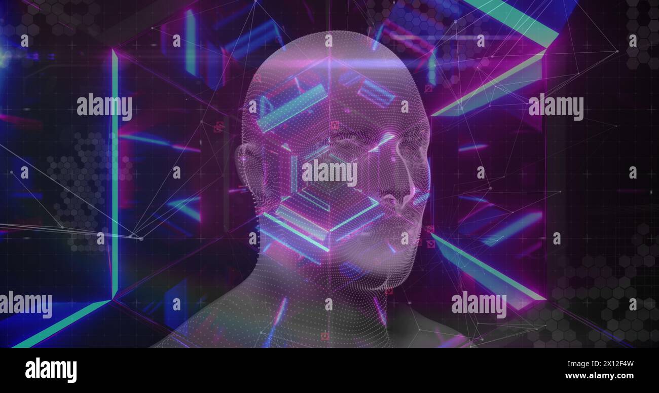 Network of connections over human face model spinning against hexagonal tunnel in seamless ...