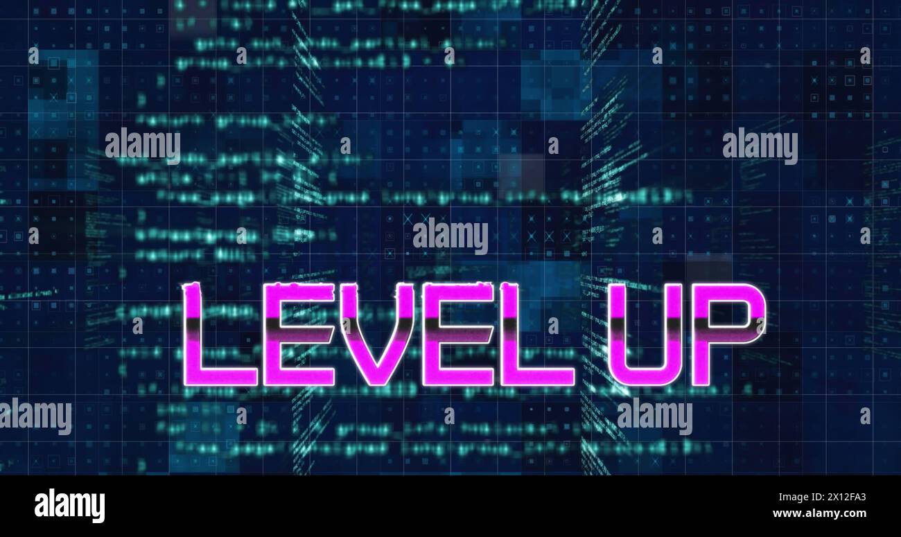 Image of level up and data processing on blue background Stock Photo ...