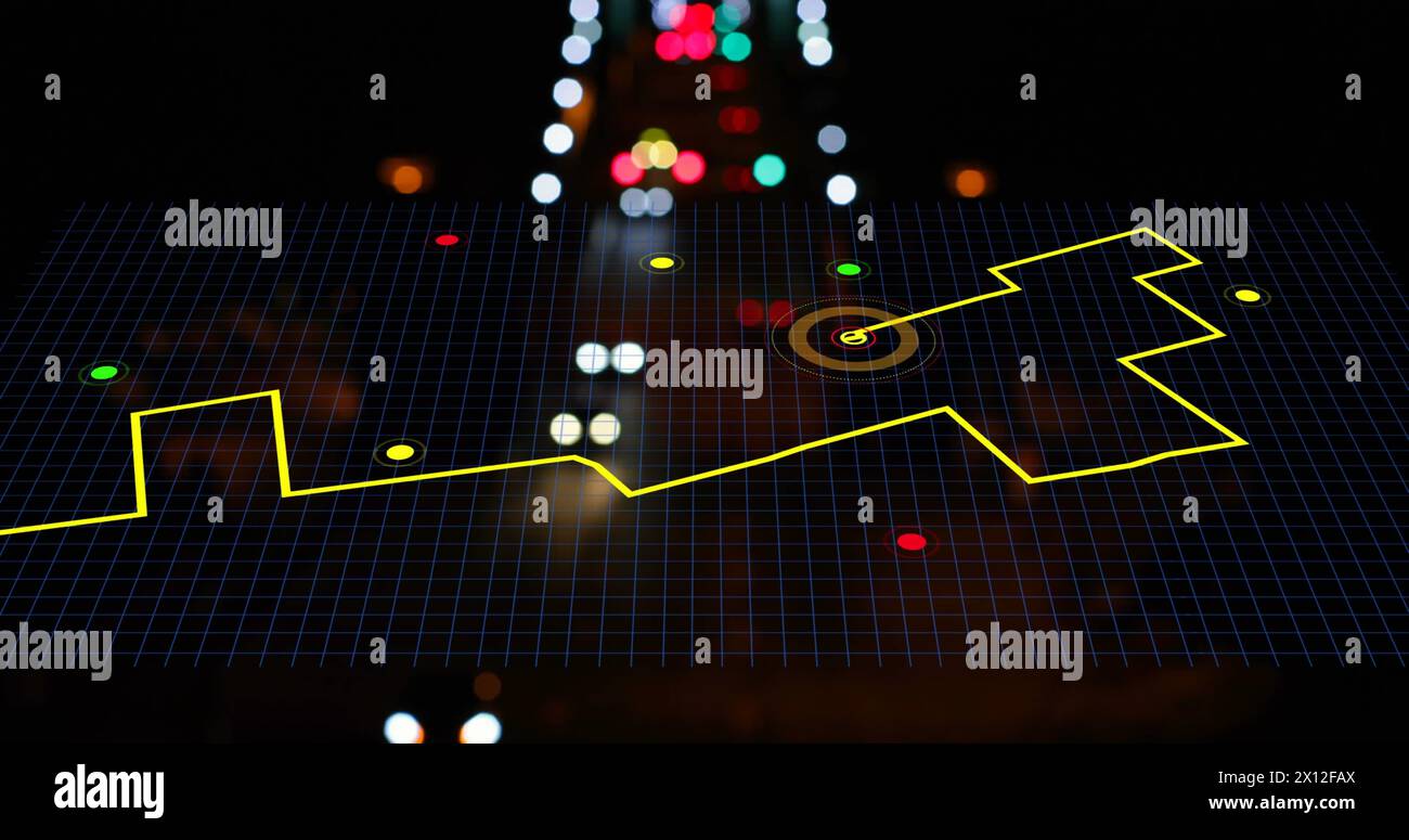 Navigation map line scheme over grid network against night city traffic ...