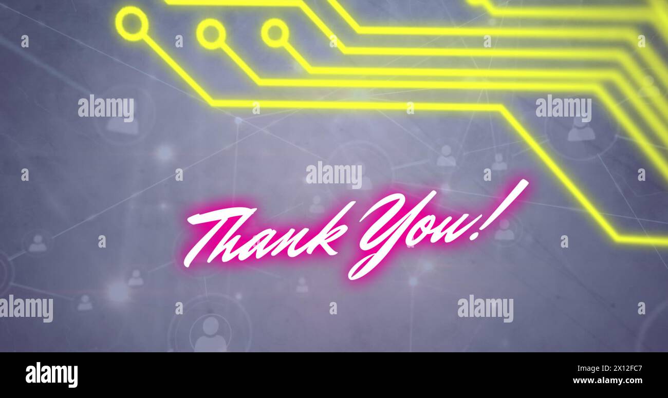 Neon Pink Thank You Text Banner And Microprocessor Connections Against Network Of Profile Icons