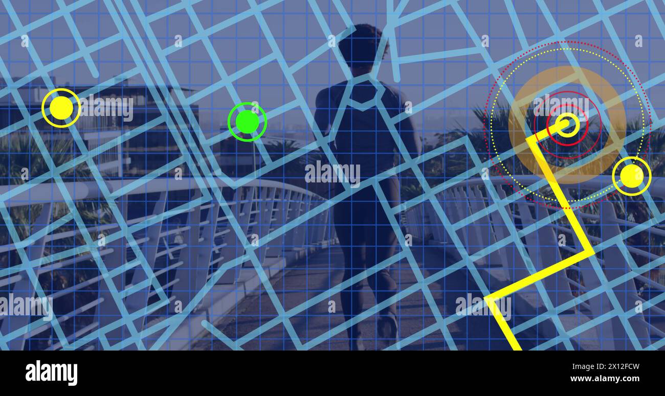 Navigator pin over navigation map line scheme against rear view of ...