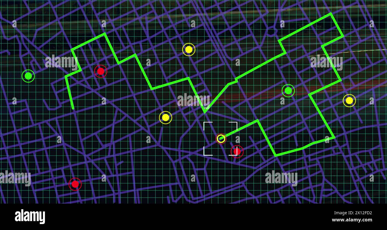 Glitch effect over navigation map line scheme against night city ...