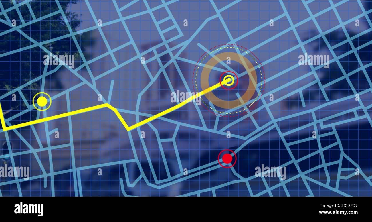 Navigation map line scheme over time-lapse of city traffic in ...