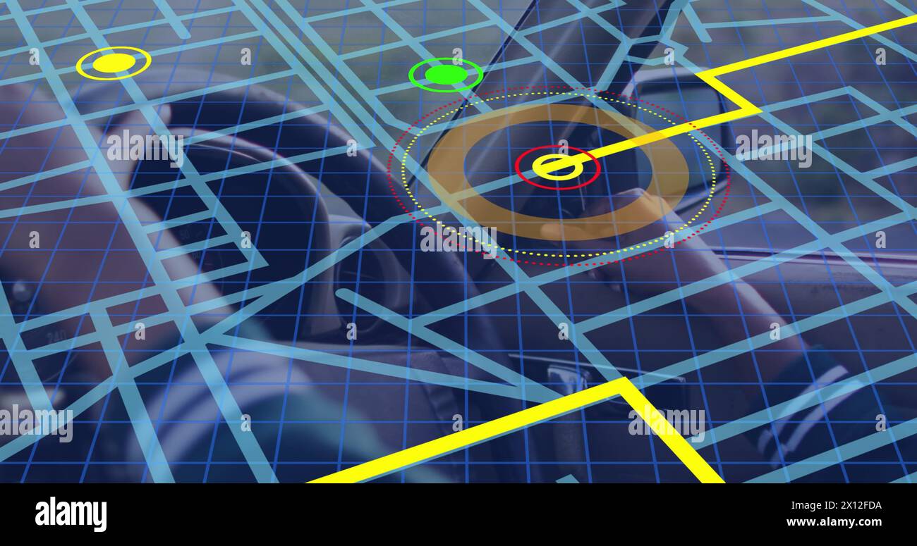 Navigation map line scheme over close up of a person adjusting rear ...