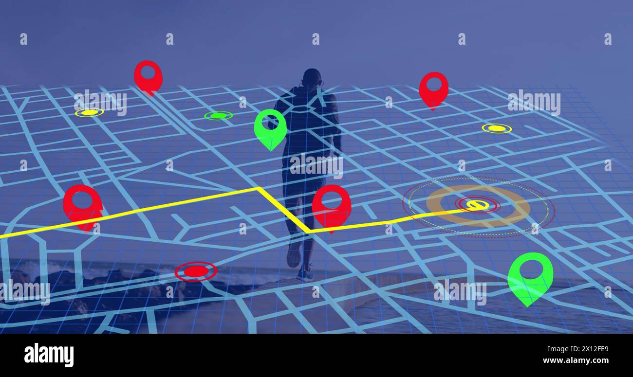 Navigator pin over navigation map line scheme against african american ...