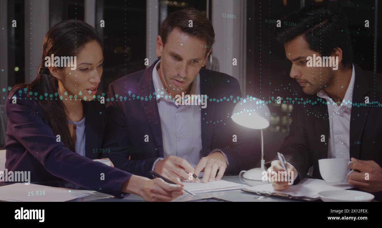 Image of data processing over diverse business people talking Stock ...