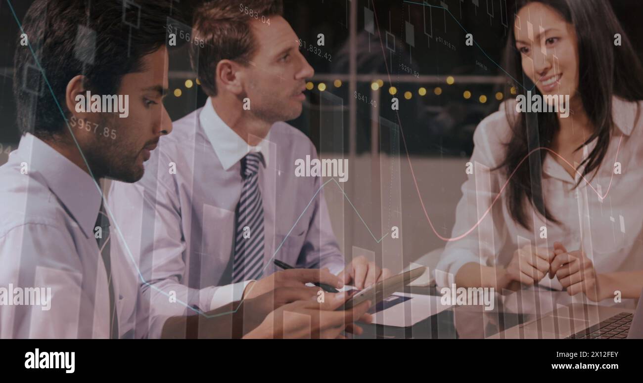 Image of data processing over diverse business people talking Stock ...