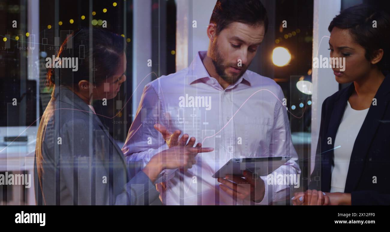Image of data processing over diverse business people talking Stock ...
