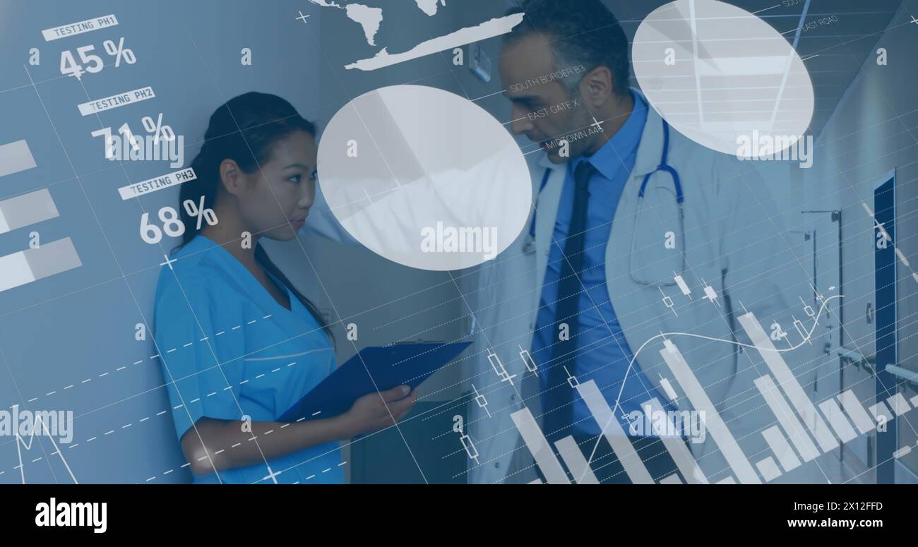 Image of financial graphs over diverse female and male doctors talking ...