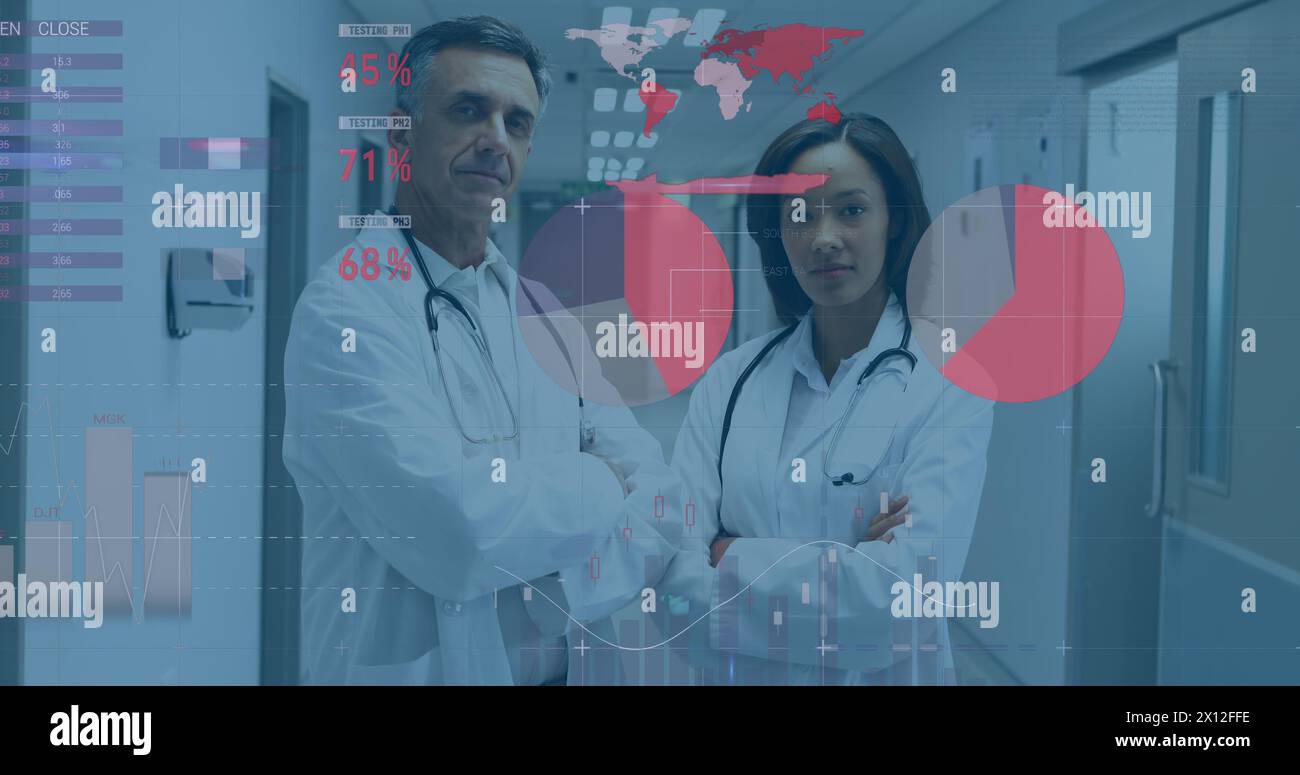 Image of financial graphs over diverse female and male doctors talking ...