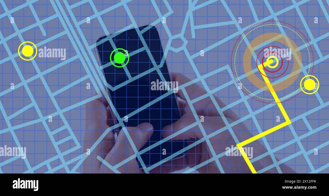 Navigation map line scheme against close up of a person's hand using a ...