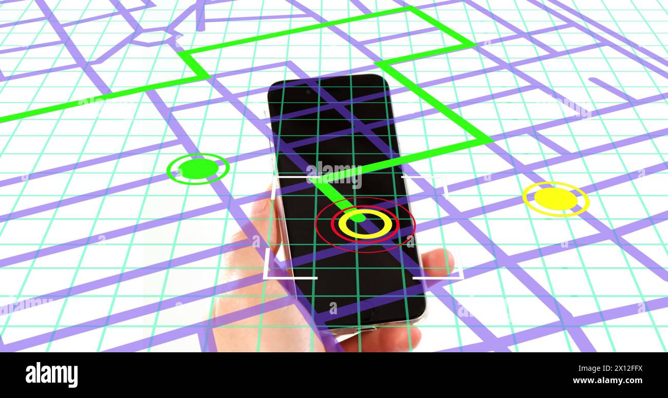 Navigation map line scheme against close up of a person's hand using a ...