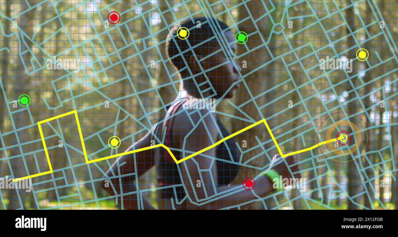 Navigation map line scheme over african american fit woman running in ...