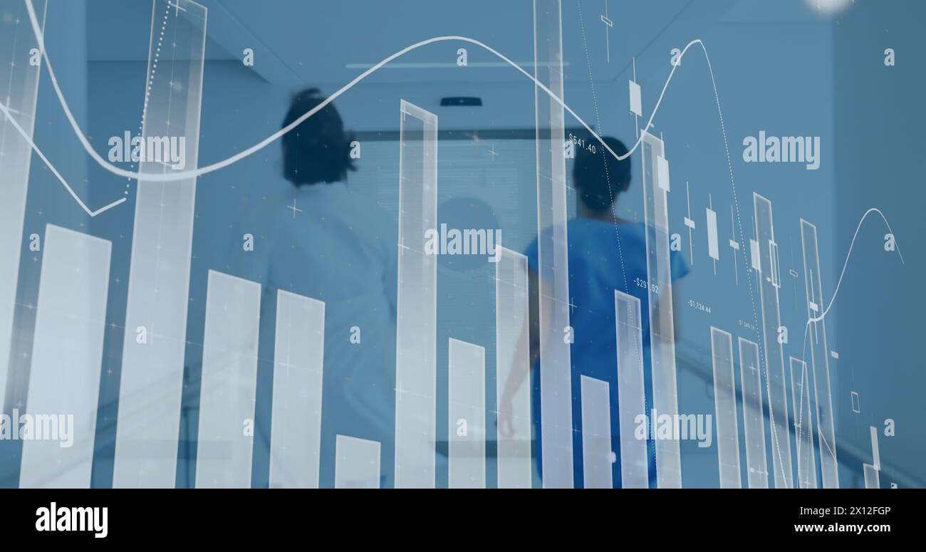Image of financial graphs over back view of diverse female doctors ...