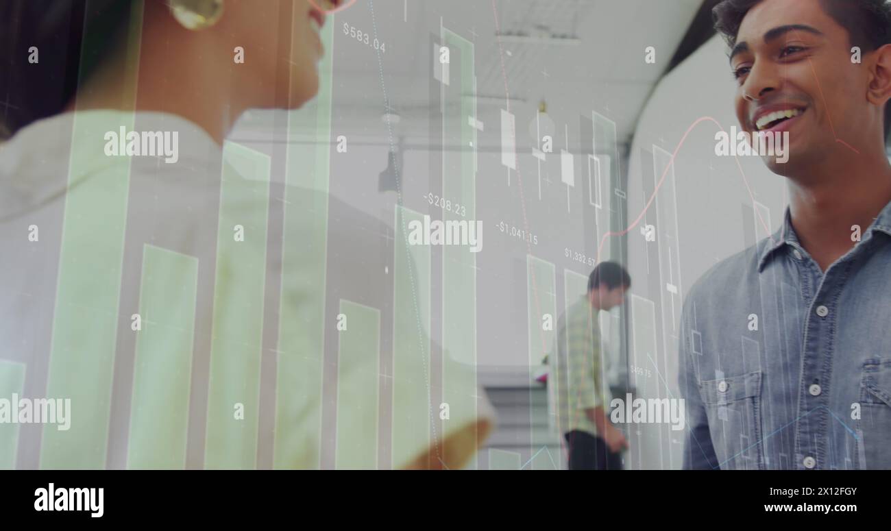 Image of data processing over diverse business people talking. global ...
