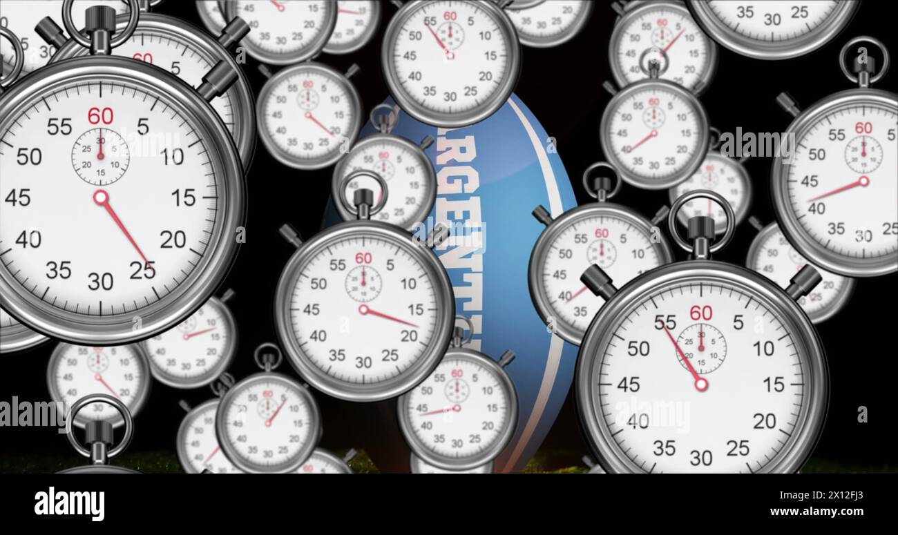 Image of timer icons over rugby ball with argentina text on black ...