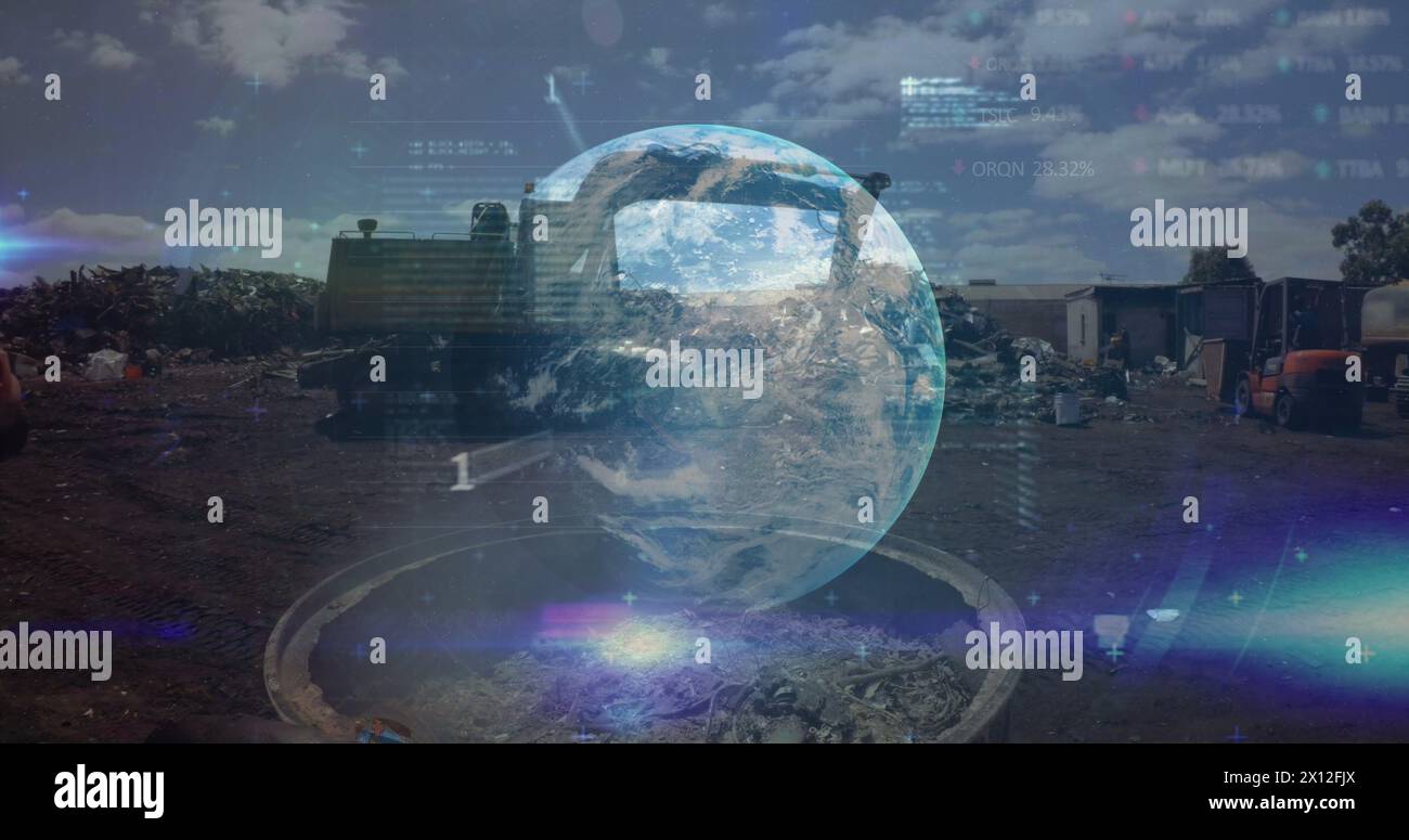 Image of data processing and globe over rubbish dump Stock Photo - Alamy