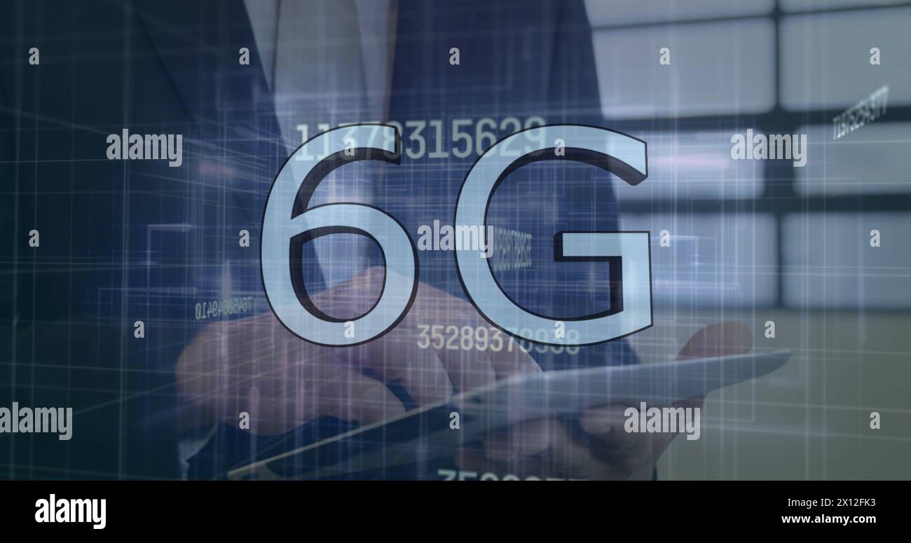 Image of changing numbers and 6g over caucasian businessman using ...