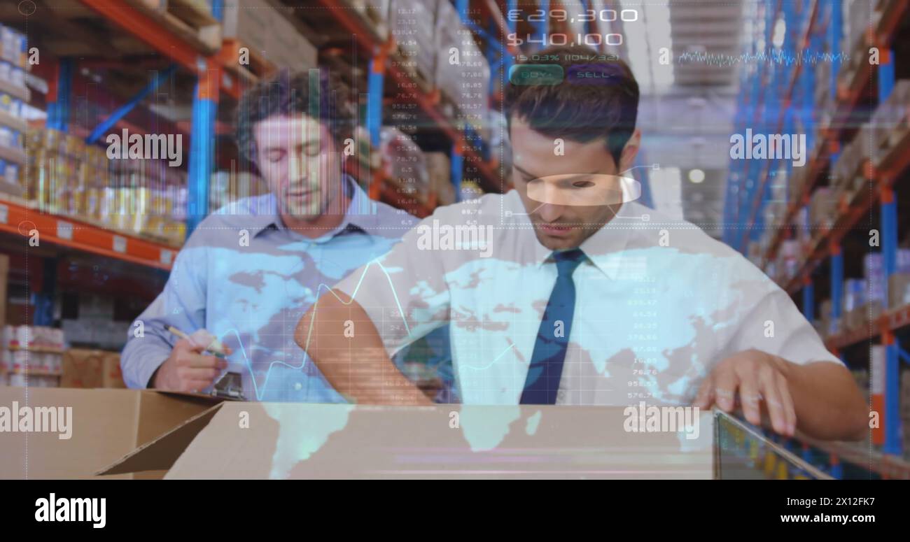 Financial data processing over two caucasian male supervisors checking ...