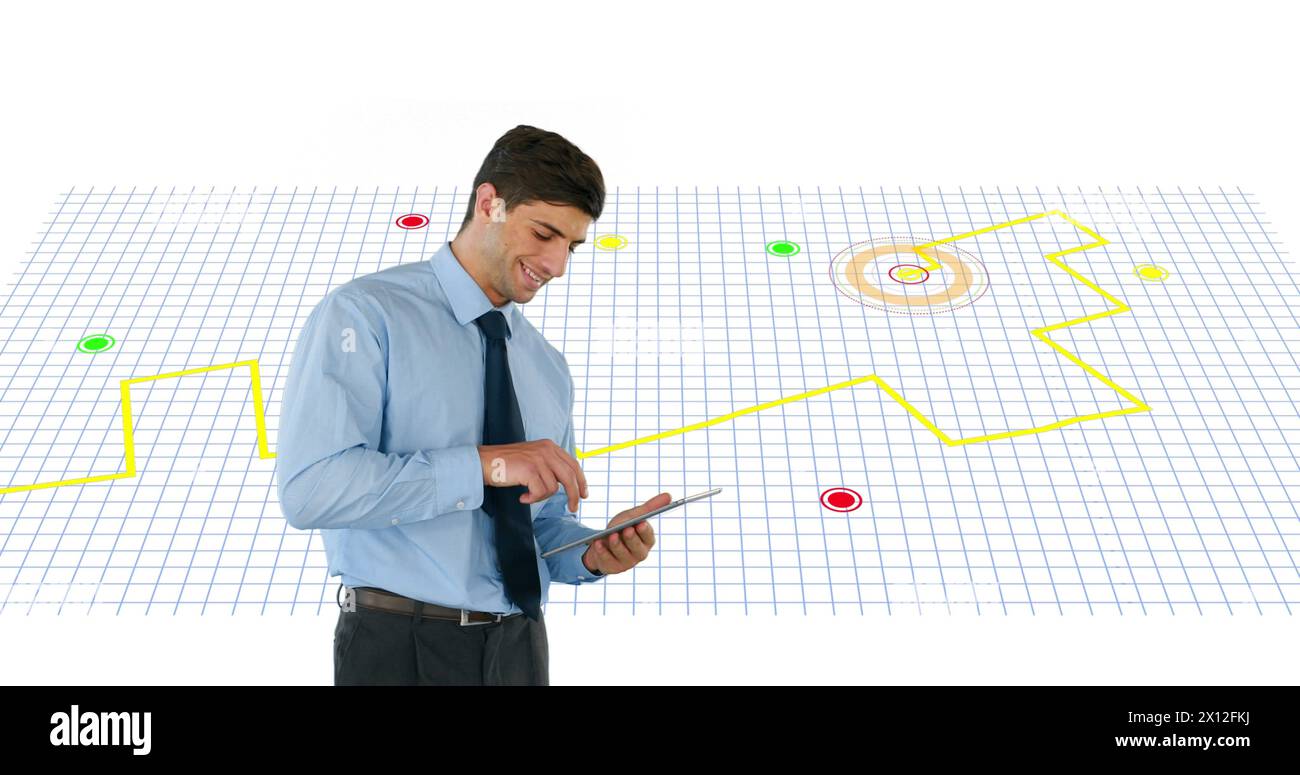 Caucasian Man Using A Digital Tablet Against Navigation Map Line Scheme