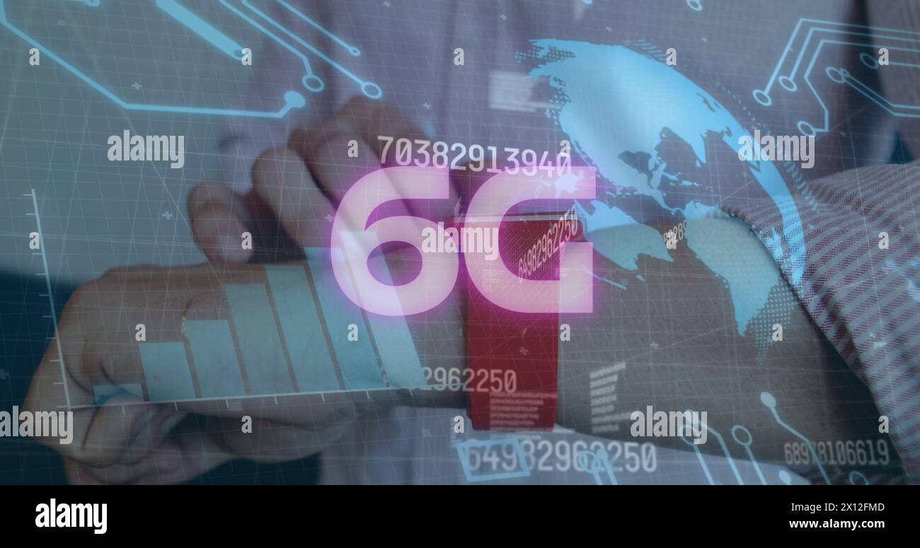 Image of data processing and 6g text over caucasian woman with ...