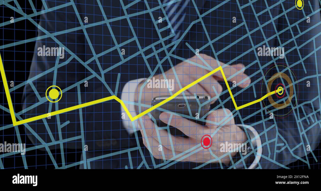 Navigation map line scheme against mid section of businessman using a ...