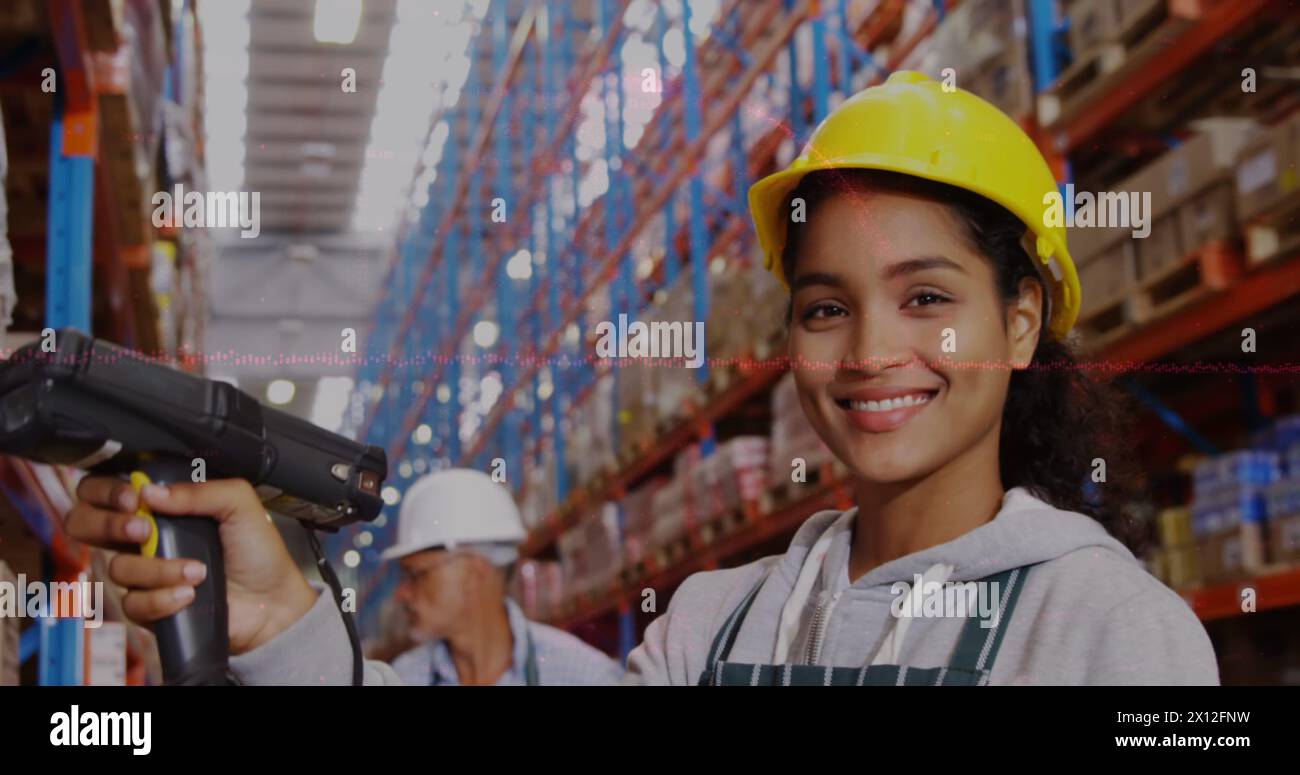 Data processing over portrait of african american female worker ...