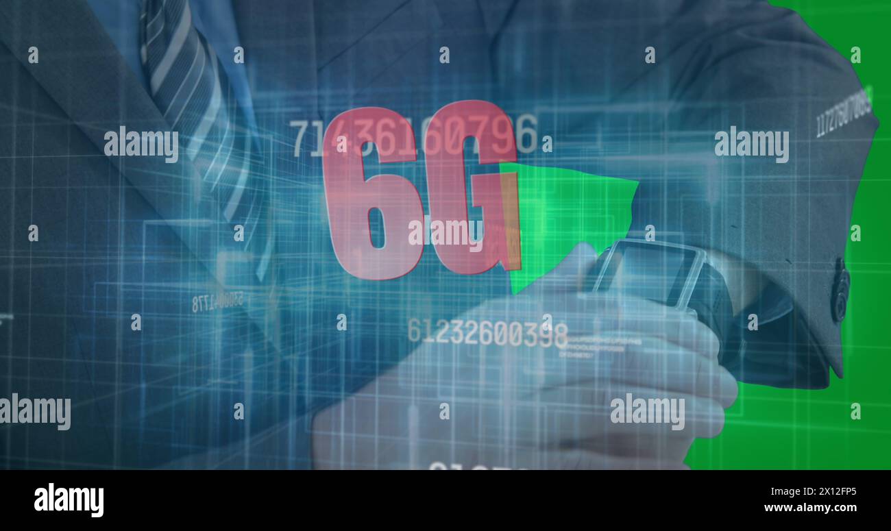 Image of changing numbers and 6g over hands of caucasian businessman ...