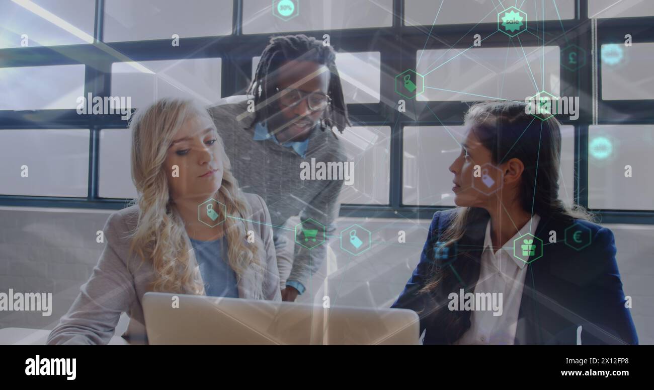 Image of network of connections with icons over diverse female and male ...