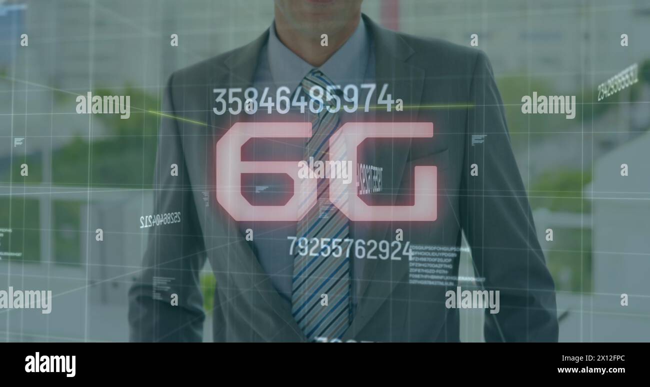 Image of changing numbers and 6g over midsection of caucasian ...