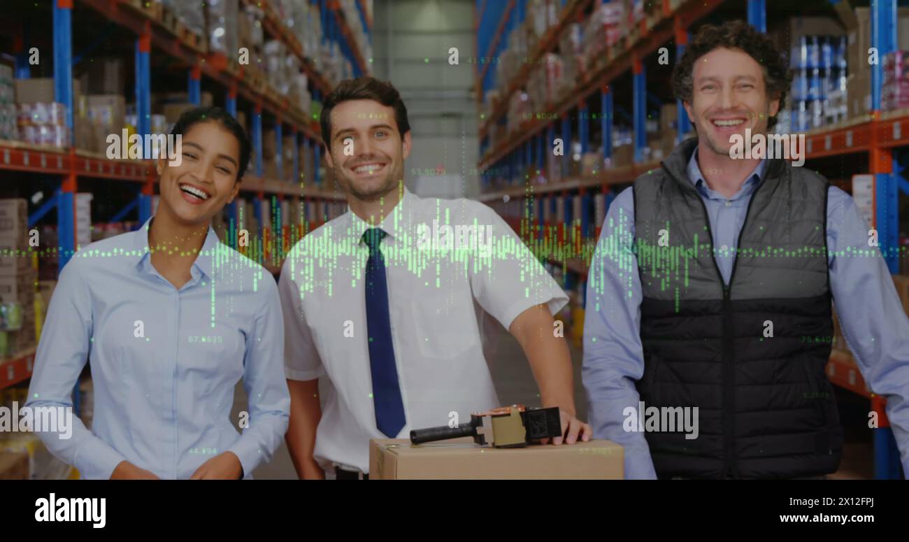 Image of data processing over diverse people working in warehouse. Logistics and transportation ...