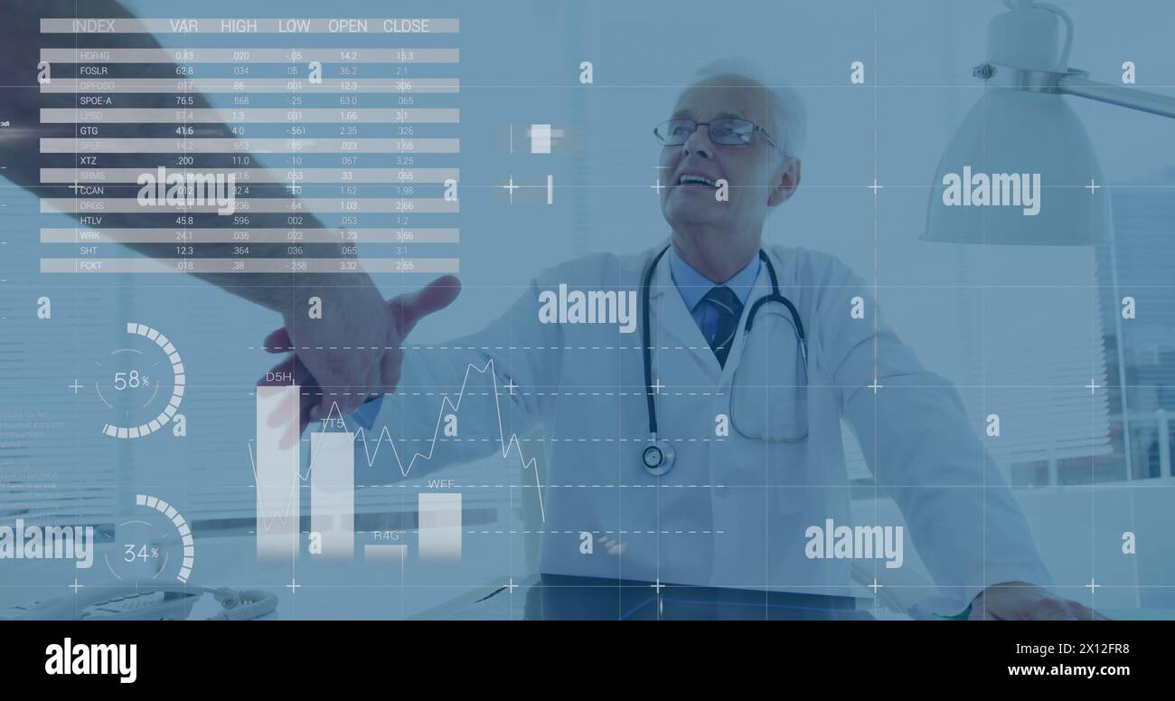 Image of financial graphs over caucasian senior male doctor shaking ...
